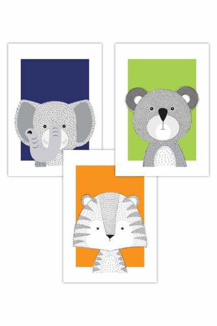 Set of 3 Nursery Scandi Sketch Jungle Animals in Navy Orange Green Art ...