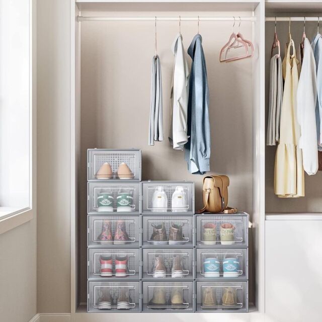 SONGMICS Pack of 12 Stackable Storage Organisers Foldable Medium Sized Boxes in Grey by ...