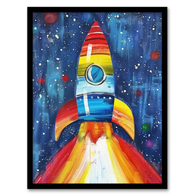 Rainbow Rocket Blast Off Space Painting Colourful Framed Art Print by ...