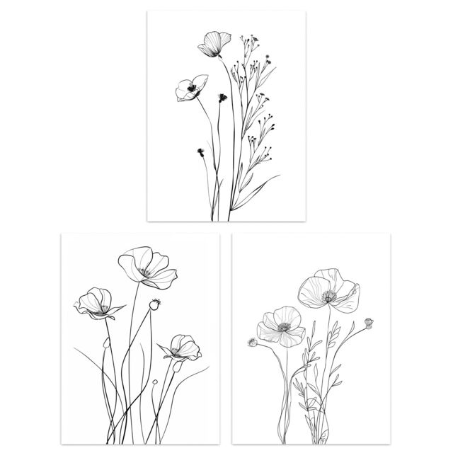 Artery8 Set of 3 Minimalist Line Poppy Flowers Floral A4 Size Wall Art ...