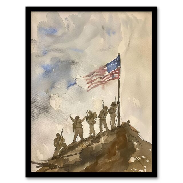"Artery8 American Flag Soldiers Iwo Jima WWII Watercolour Framed Wall ...