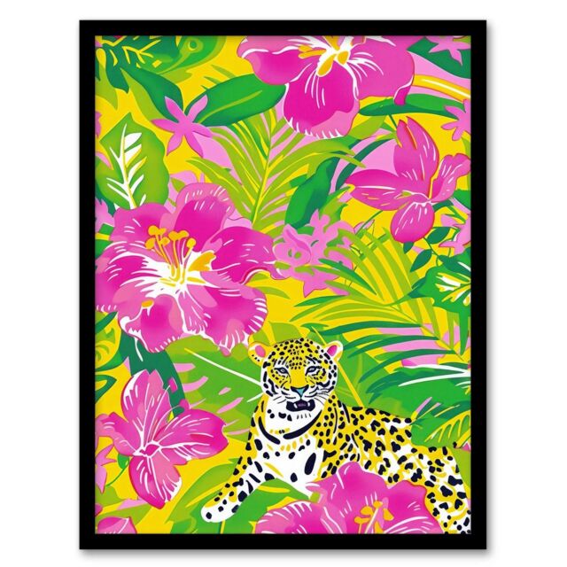 Wall Art Print Pink Lily Tropical Flower Pattern with Leopard Art ...