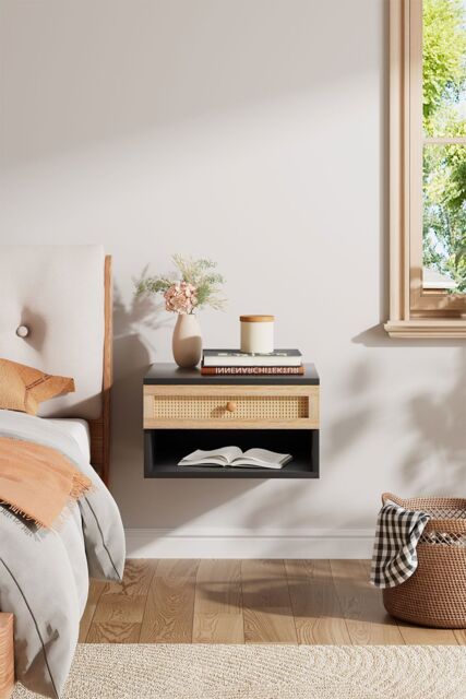 H&O Direct Floating Bedroom Nightstand with Pseudo-rattan Drawer in ...