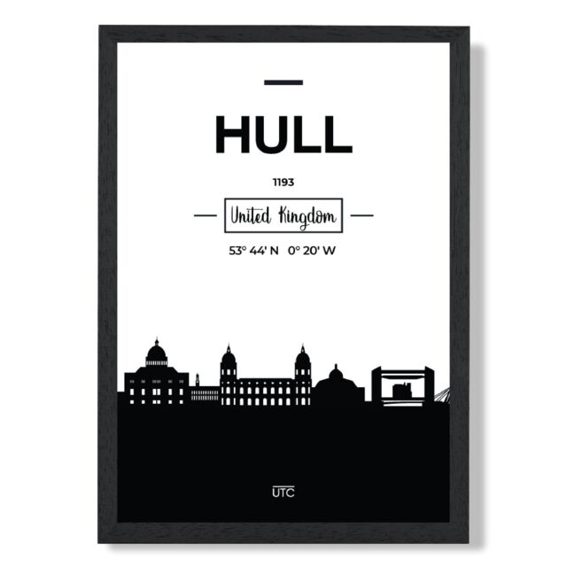 ARTZE Hull Black & White City Skyline Framed Print SIZE: A3 with Black ...