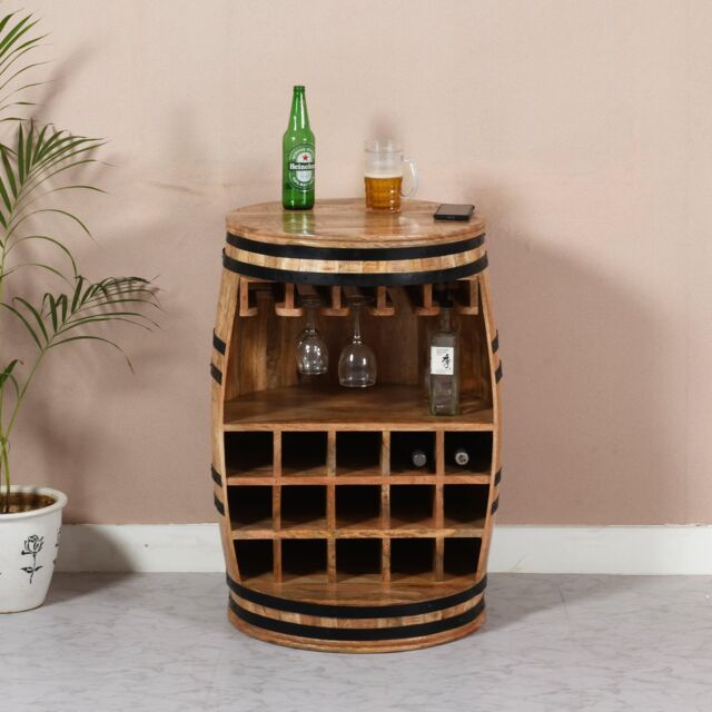 IH Design Natural Solid Dark Mango Wood Barrel Wine Sideboard in Dark ...