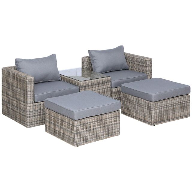 5 Pcs PE Rattan Sofa Footstool Set Tall Glass-Top Table Aluminium Frame ...