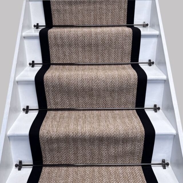 Venza Beige Cream Self-Stripe Rib Stair Runner with 100% Black Cotton ...