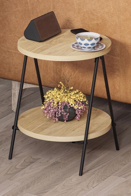 Scratch Resistant 2 Tier Round Side Table Metal Frame Natural Oak by ...