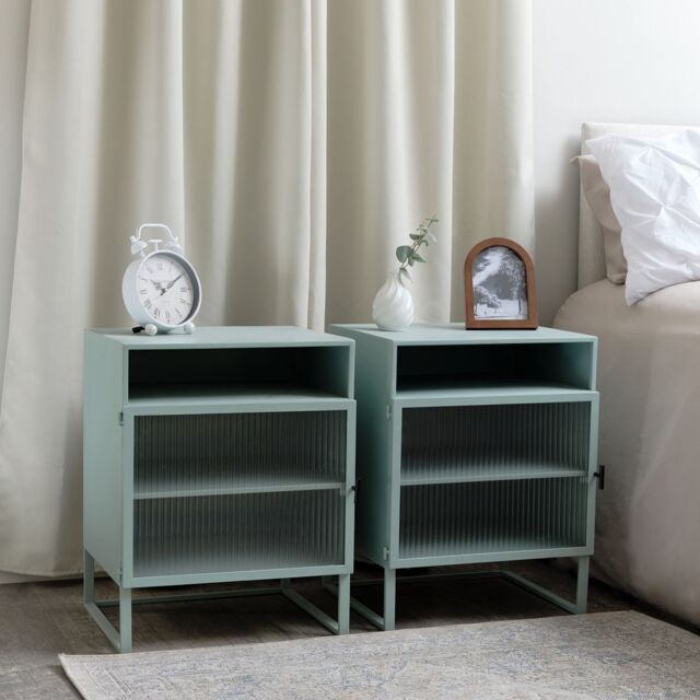 Pair Of Pale Blue Reeded Glass Bedside Tables by Debenhams | ufurnish.com