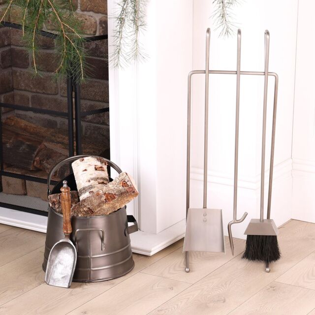 Antique Pewter 3pc Fireside Companion Set with Coal Bucket and Shovel ...