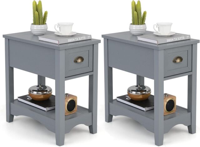 Gymax 2 Pack Retro Side Table Nightstand End Table With 1 Drawer ...