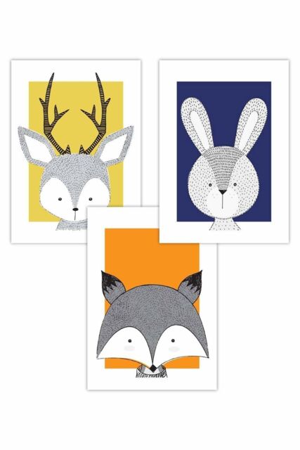 Set of 3 Nursery Scandi Sketch Forest Animals in Yellow Navy Orange Art ...