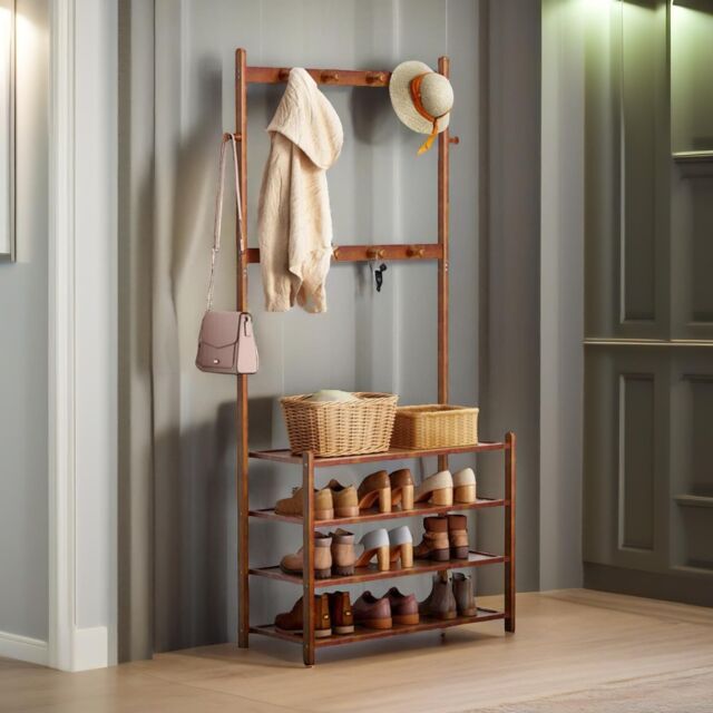 Wooden Hall Tree Clothes Rack With Shoe Storage by Debenhams | ufurnish.com