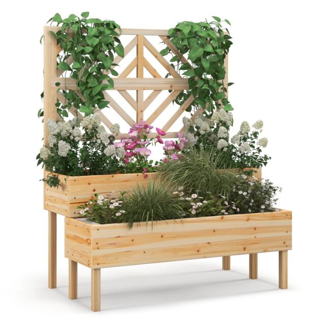 Costway Wood 2-Tier Raised Garden Bed with Trellis Elevated Planter Box ...