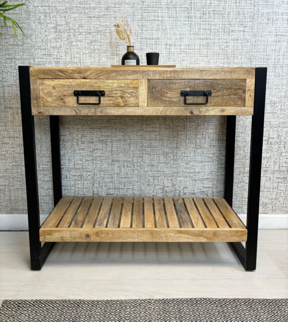 Industrial Solid Mango Wood & Metal Console Table with Drawers - Bali ...