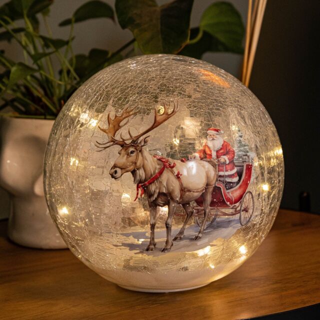 20cm Battery Operated Light up Santa Sleigh Crackle Glass Ball with 15 Warm White LEDs by ...