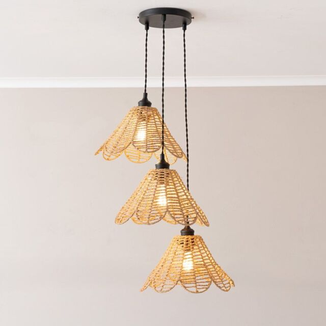 Vine Rattan Flower Shade 3 Drop Cluster Matte Black Ceiling Pendant ...