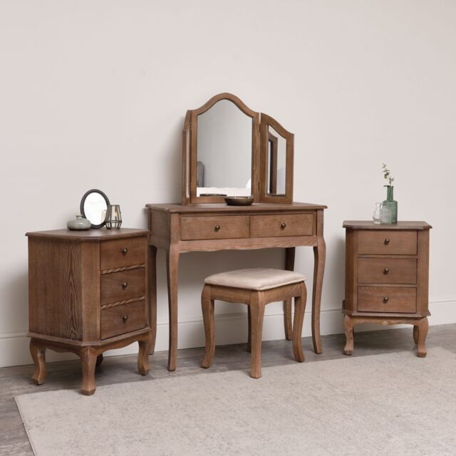 Dark Wood Dressing Table Desk With Triple Mirror, Stool And Pair Of ...