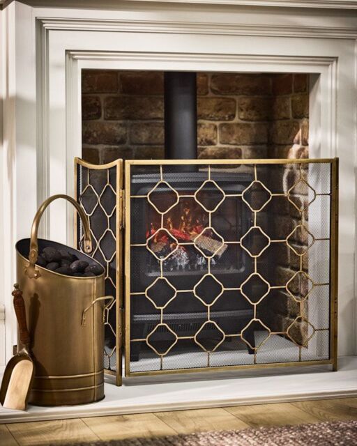 Traditional Antique Brass Marrakesh Footed Fireplace Guard Fire Screen ...