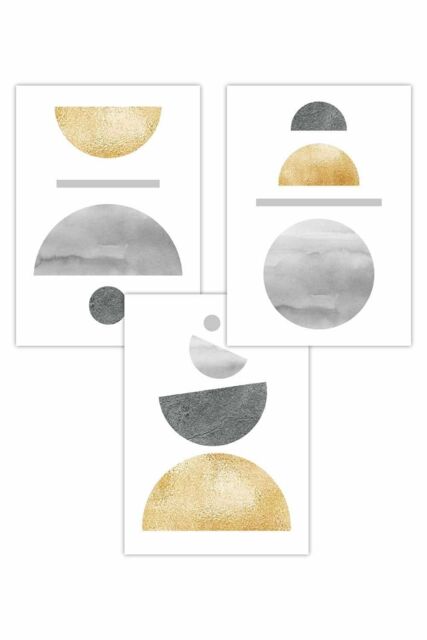 ARTZE Set of 3 Golden Yellow & Grey Abstract Mid Century Geometric Art ...