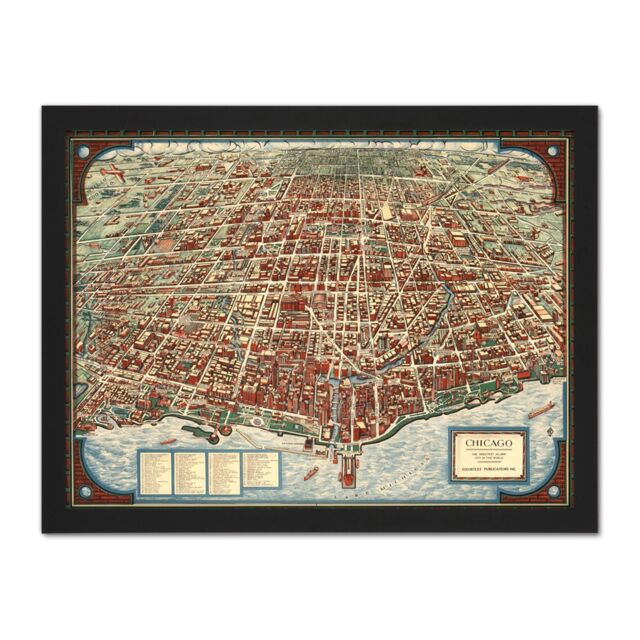 Wall Art Print Colortext 1938 Map Chicago City Bird's Eye View Large ...
