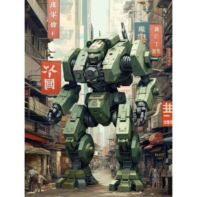 Wall Art Print Mecha Robot in City Street Anime Sci-Fi Artwork Red ...
