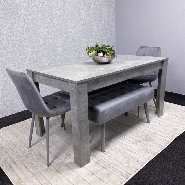 Grey Wooden Dining Table Set with 2 Chairs and Benches, Room Furniture ...
