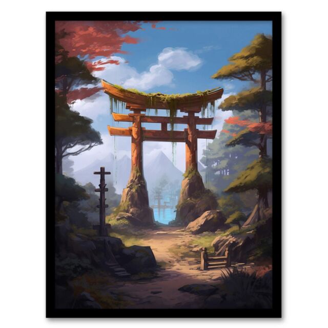 Wall Art Print Old Torii Gate Leading to Shinto Shrine by Lake Painting ...