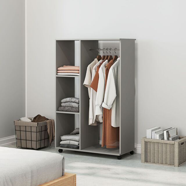 HOMCOM Rolling Open Wardrobe Hanging Rail Storage Shelves for Clothes ...