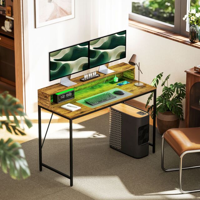 HOMCOM Computer Table with LED Lights, Gaming Desk with Shelf, Rustic ...