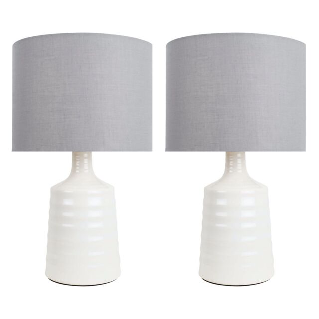 Set of 2 Ripple - Off White Ribbed Ceramic Table Lamps with Grey Fabric ...