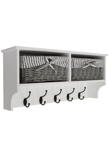 Hallway Wall Storage Shelf With 2 Baskets And 5 Coat Hooks White Grey ...