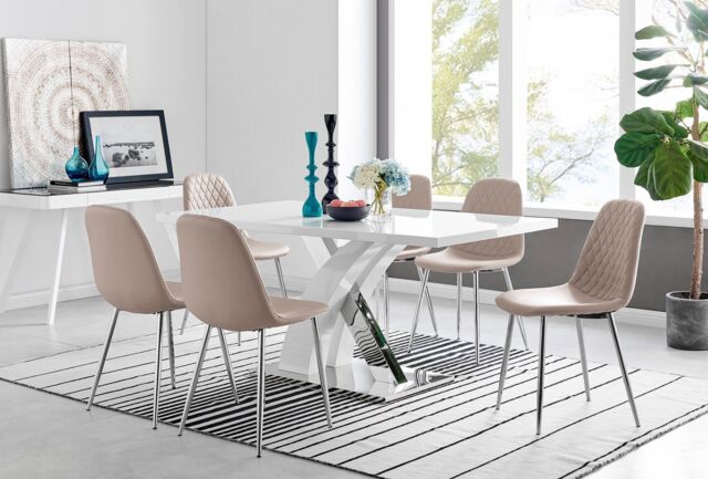 Atlanta Modern Rectangle Chrome Metal High Gloss White Dining Table And ...