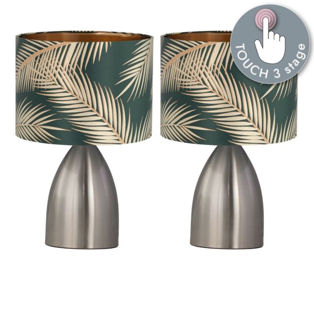 Set of 2 Valentina - Brushed Chrome Touch Lamps with Green Embossed ...