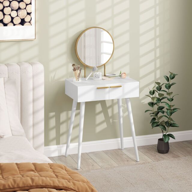 Modern Dressing Table w/ 2 Drawers Round Mirror for Bedroom White by ...