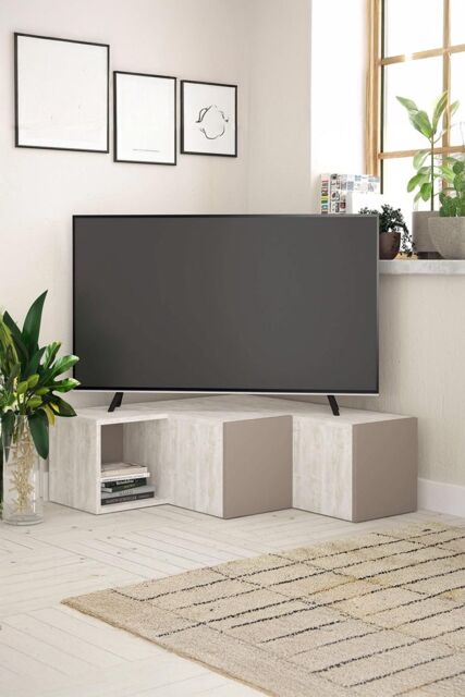 2 Drawer Corner TV Unit Modern White Oak & Mocha Scratch Resistant by ...