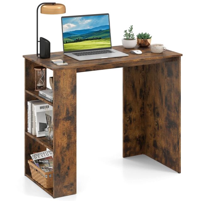 90cm Study Desk Computer Desk Wooden Writing Desk With Bookshelf-Brown ...