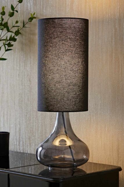 ValueLights Sylvie Black Linen Tall Shade Smoked Glass Teardrop Squat ...
