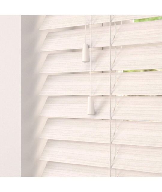 Fine Grain Faux Wood Venetian Blinds with Strings 120cm Drop White Oak ...