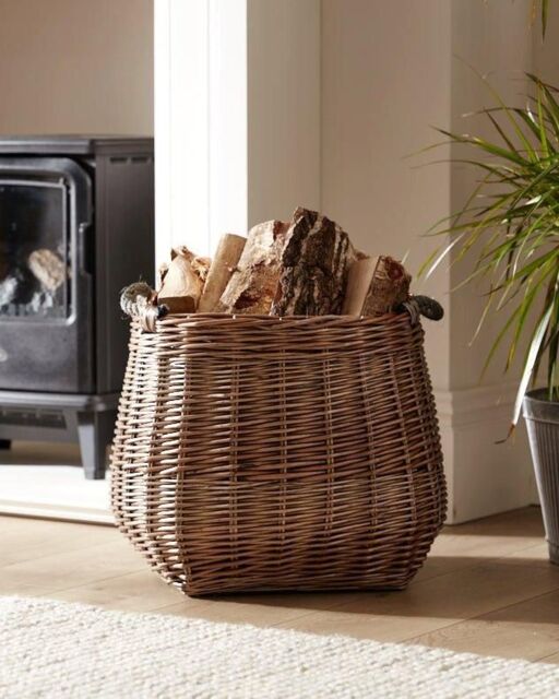 Round Wicker Fireside Kindling Basket Log Cradle Storage Bucket with ...
