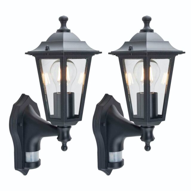 Set of 2 Eversham - Black Six Sided Lantern Motion Sensor Outdoor ...