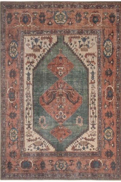 Terracotta Distressed Bordered Medallion Non Slip WashableLow Pile Rug ...