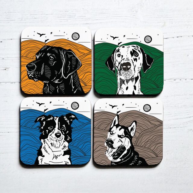Set of Four Linocut Coasters with Labrador, Dalmatian, Border Collie ...