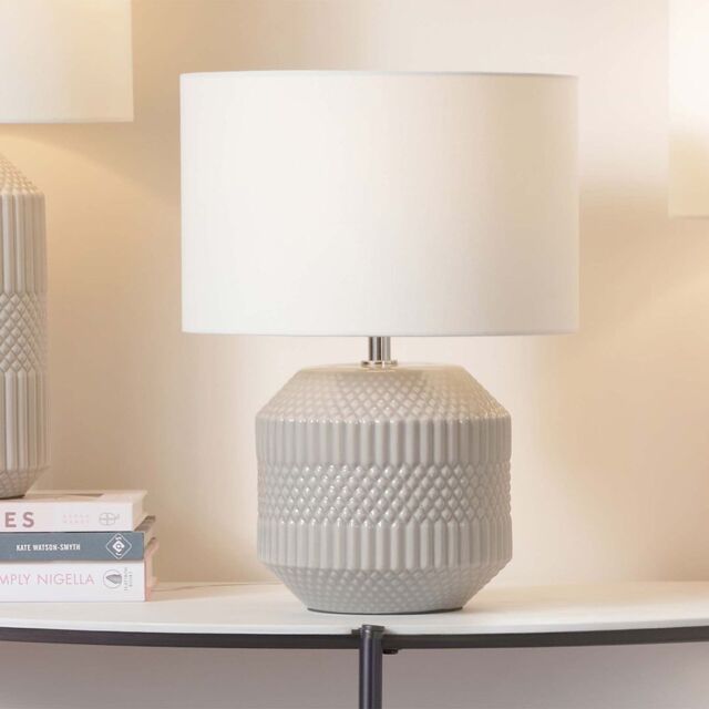 Ruma Small Grey Geometric Pattern Textured Ceramic Table Lamp with ...
