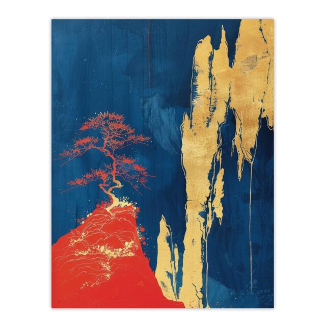 Wall Art Print Chinese Landscape Tree Red Blue Gold Cliffside Poster by ...