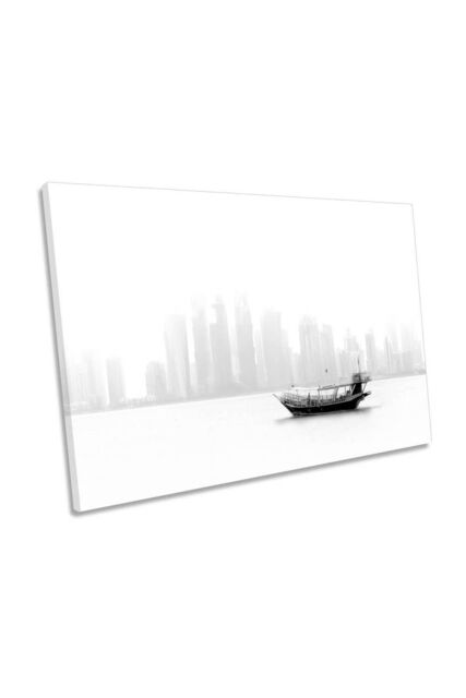 "CanvasGeeks Lonely Boat Doha Qatar Skyline White Canvas Wall Art ...