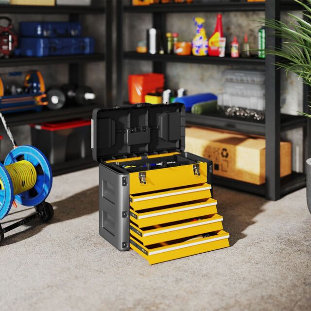 4 Drawers Large Tool Box, Steel Toolbox with Handle, Yellow by ...