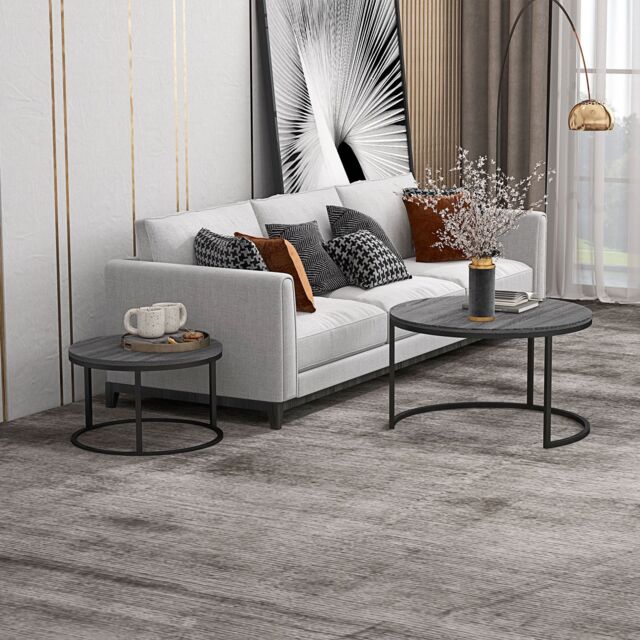 2 Pcs Stacking Coffee Table Set w/ Steel Frame Marble-Effect Top Foot ...