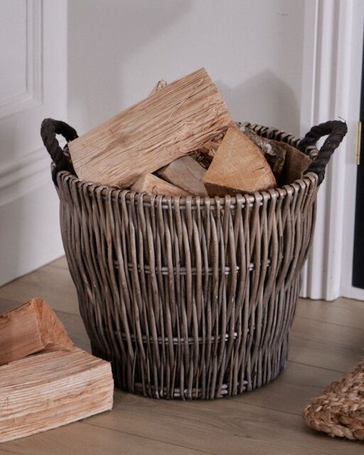 Traditional Small Round Grey Wicker Fireplace Log Storage Basket by ...