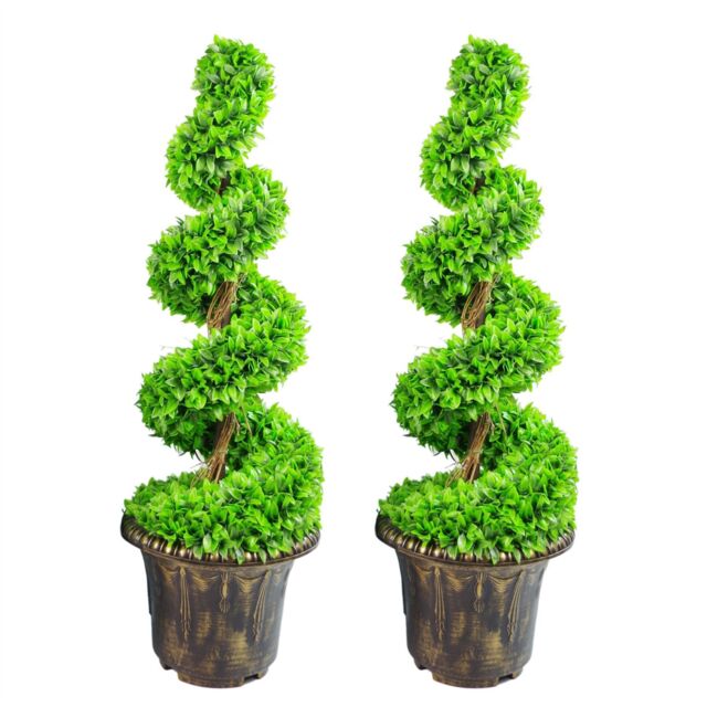 Leaf 90cm Pair of Green Large Spiral Topiary Trees with Decorative ...